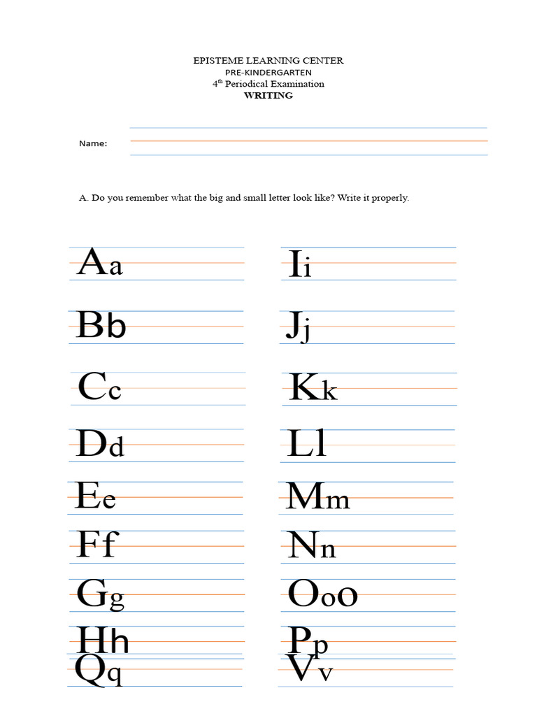 Pre Kindergarten 4th Periodical Exam Writing | PDF