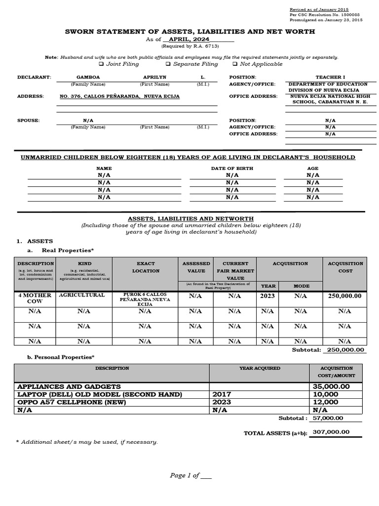 2015-SALN-Form-1 APRILYN | PDF | Net Worth | Business Economics