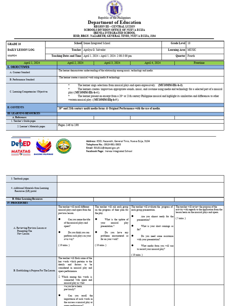q4-MAPEH 10 - Wk1-DLL | PDF | Teachers | Learning