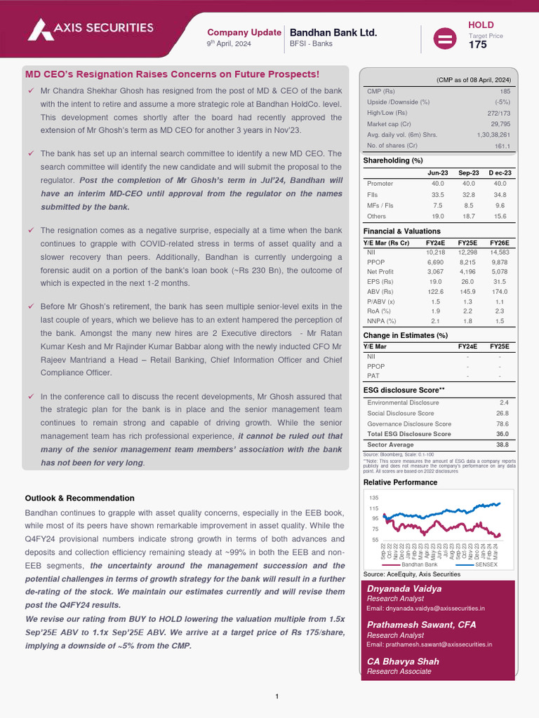 Bandhan Bank - Axis Sec - 090424 - EBR | PDF | Investing | Financial Analyst