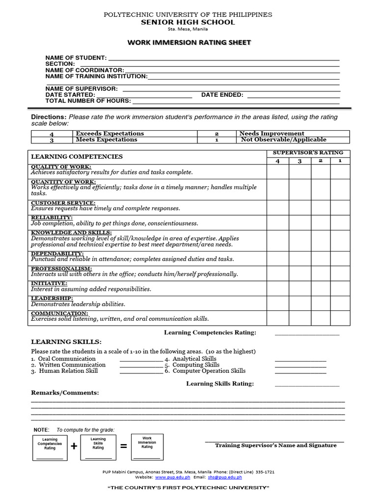 (Long) Work Immersion_Rating Sheet | PDF | Leadership | Cognitive Science