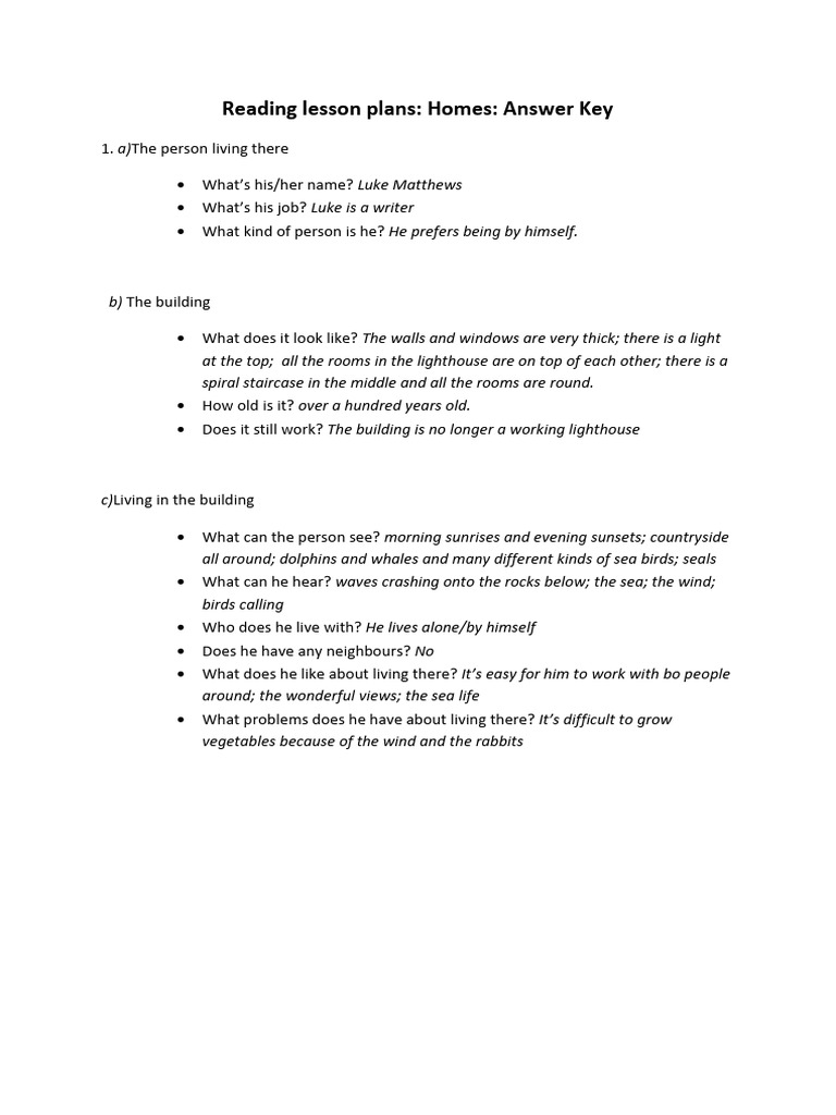 Reading Lesson Plans Homes Elementary Answer Key | PDF