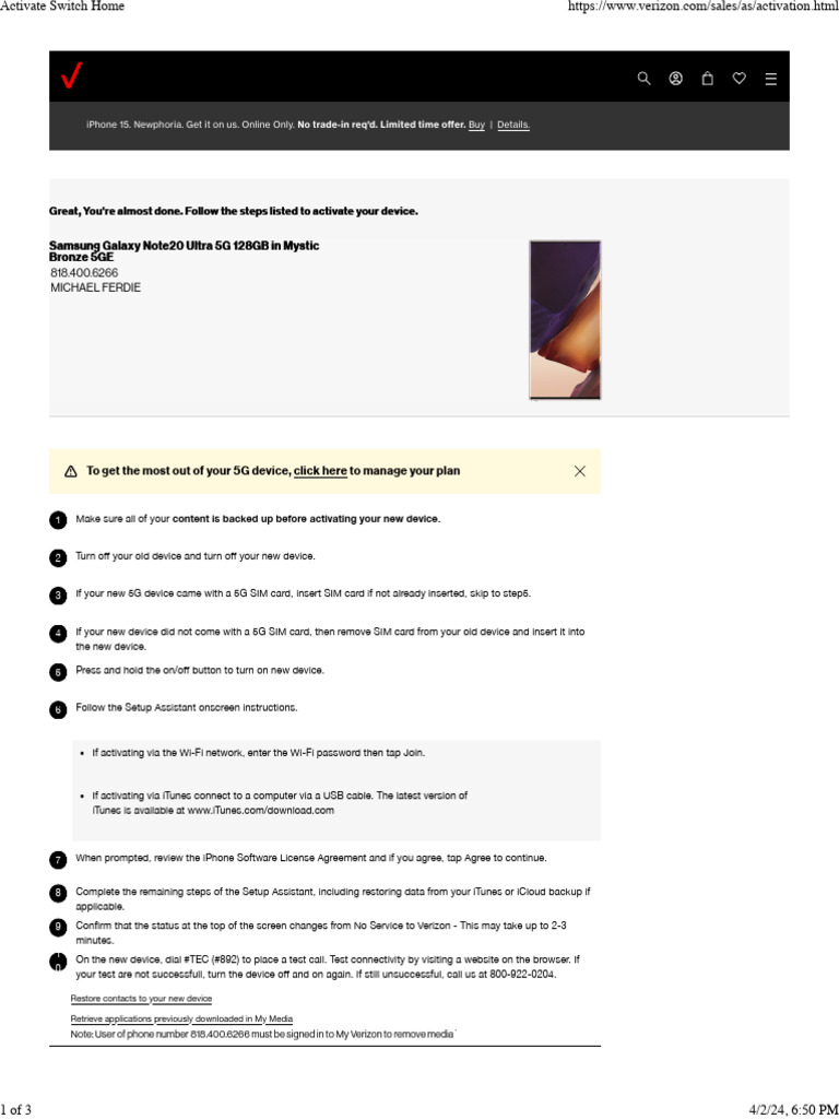 Verizon Activate Switch Instructions 2024 04 02 | PDF | Verizon ...