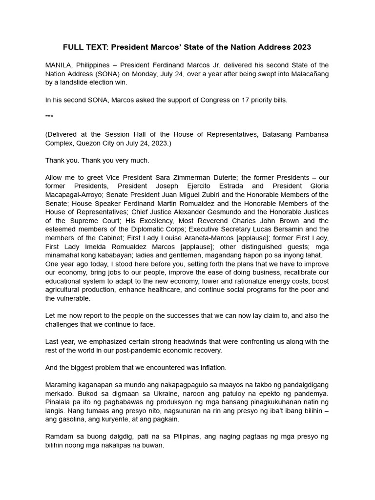FULL TEXT - President Marcos' State of The Nation Address 2023 | PDF ...