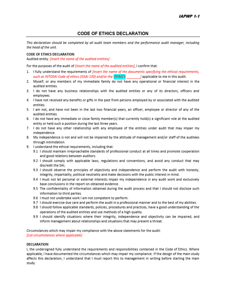 IAPWP 1-1 Code of Ethics Declaration | Download Free PDF | Audit ...