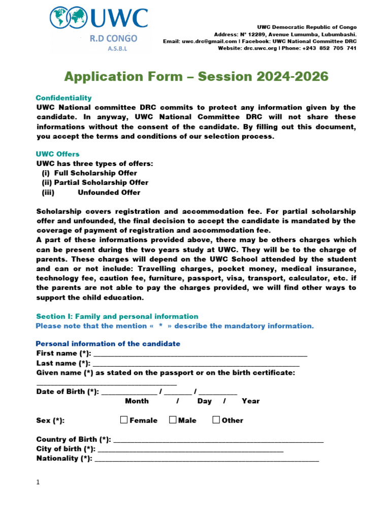 UWC DRC Application Form 2024-2026 | PDF | Democratic Republic Of The ...
