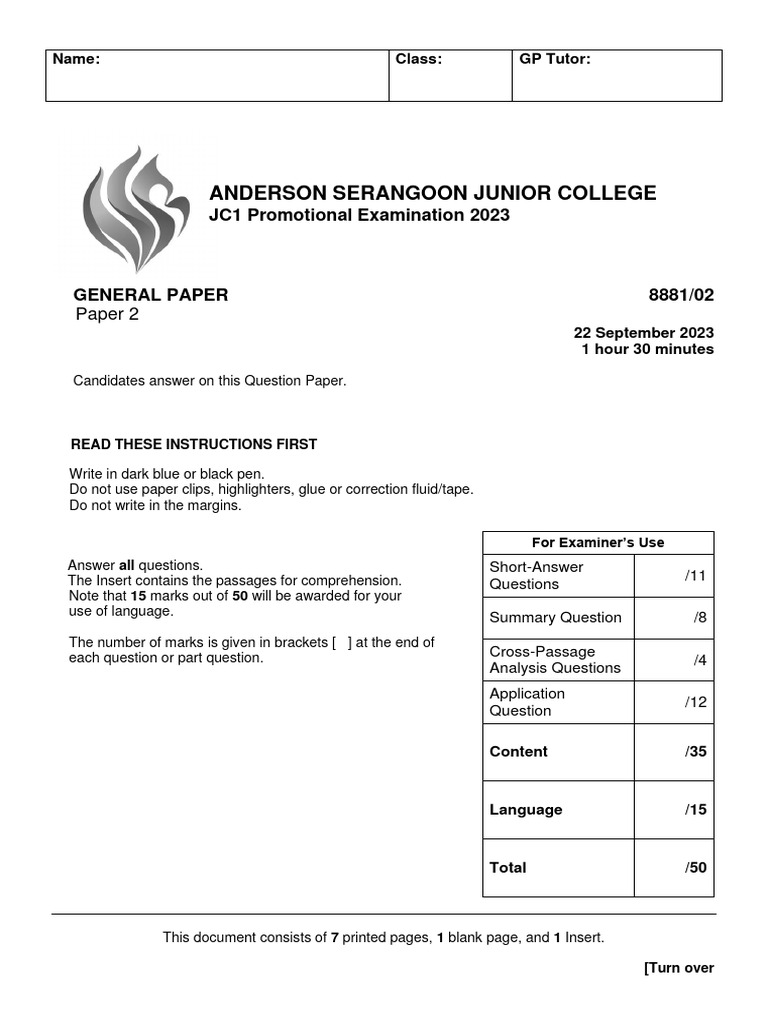 ASRJC General Paper 2023 JC1 Promo P2 - Question Paper | PDF | Social ...