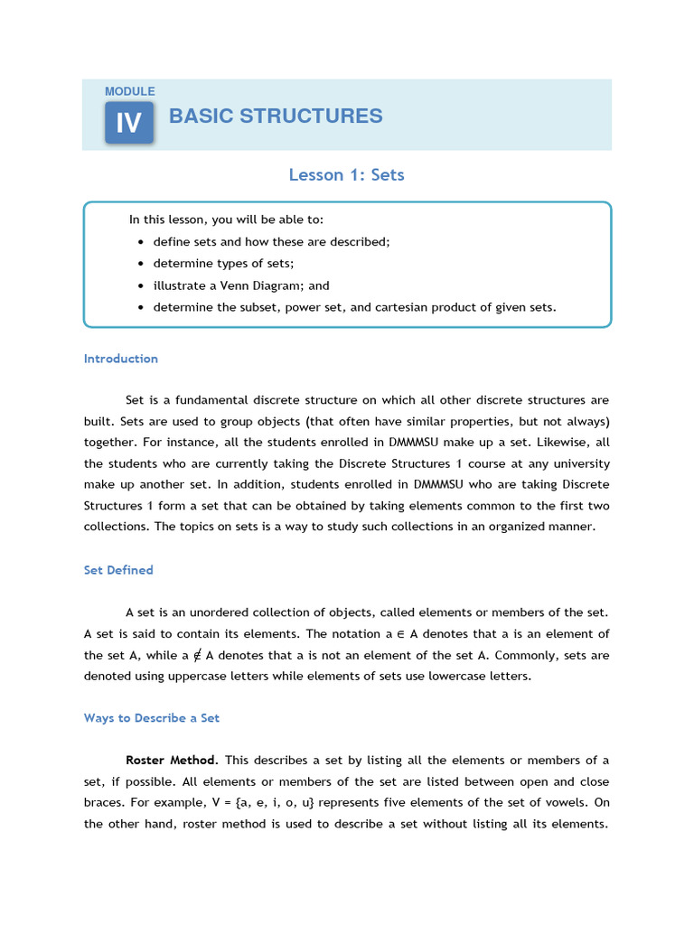 Basic Structures Lesson 1 Sets | PDF | Set (Mathematics) | Mathematics