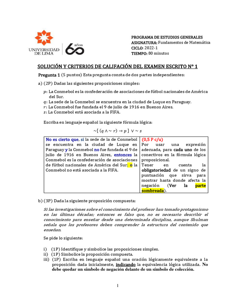Solucionario EE1 2022-1 FM | PDF | Proposición | Lógica