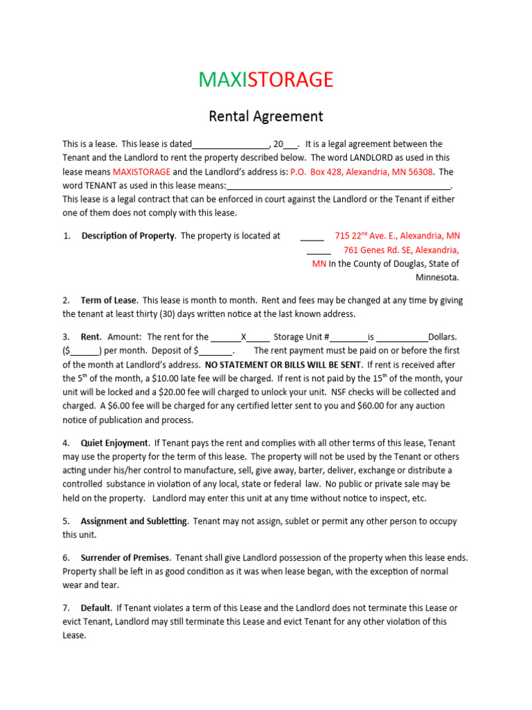Self Storage Lease Agreement Maxi in Alexandria | PDF | Lease ...