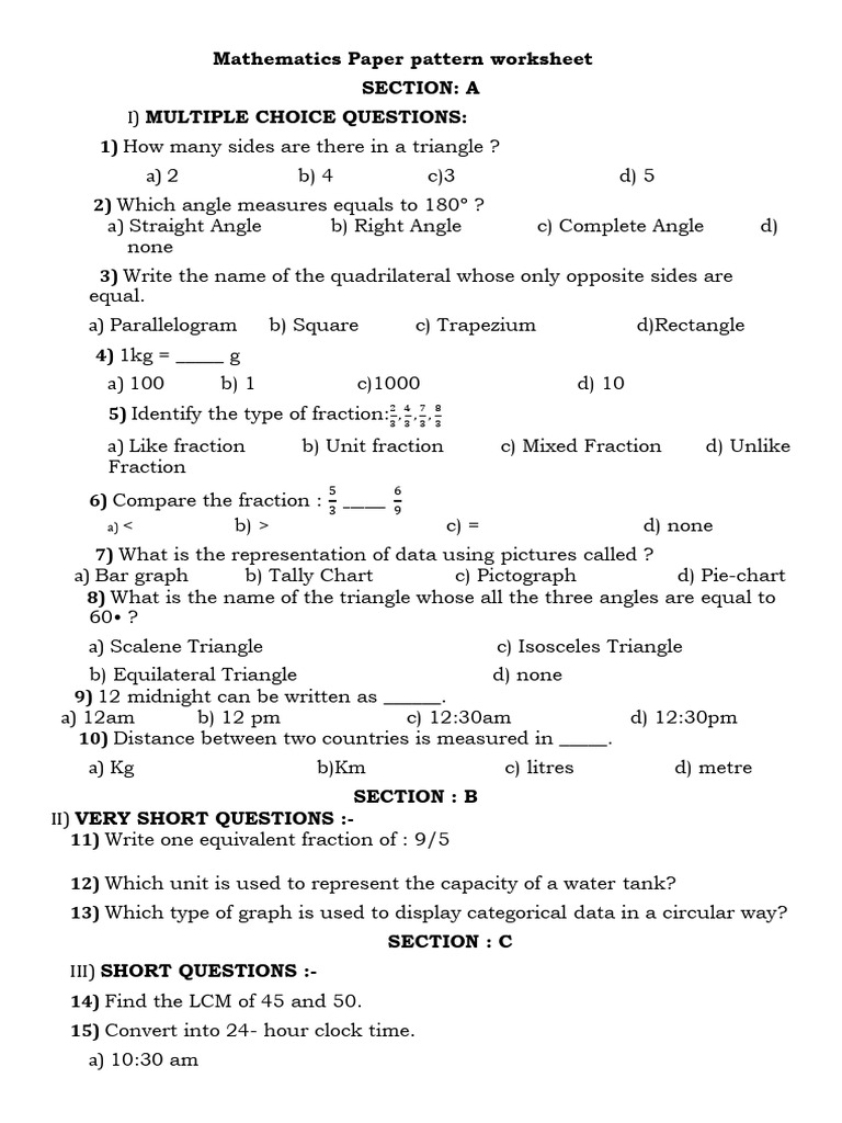 Sample Maths Worksheet | PDF | Triangle | Elementary Geometry