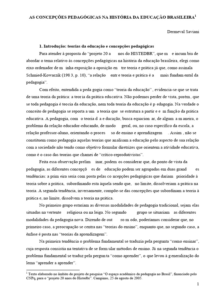 TEXTO 1 Dermeval Saviani AS CONCEP ES PEDAG GICAS NA HIST RIA DA EDUCA O BRASILEIRA1 | PDF ...
