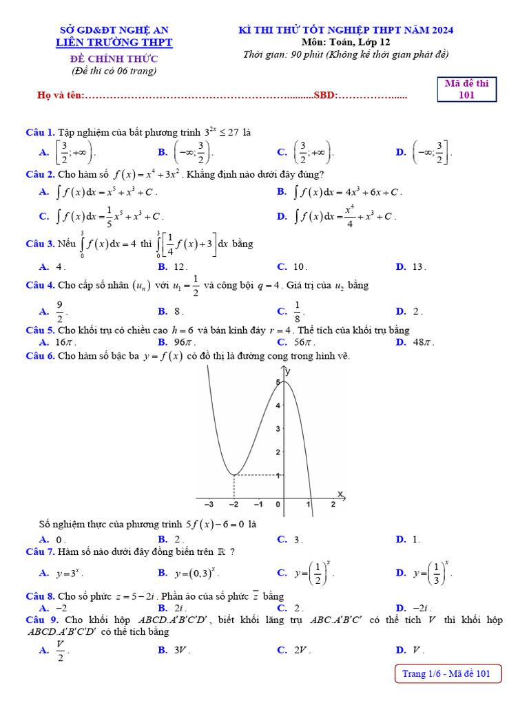 De Thi Thu Tot Nghiep THPT 2024 Mon Toan Lan 2 Lien Truong THPT Nghe An | PDF