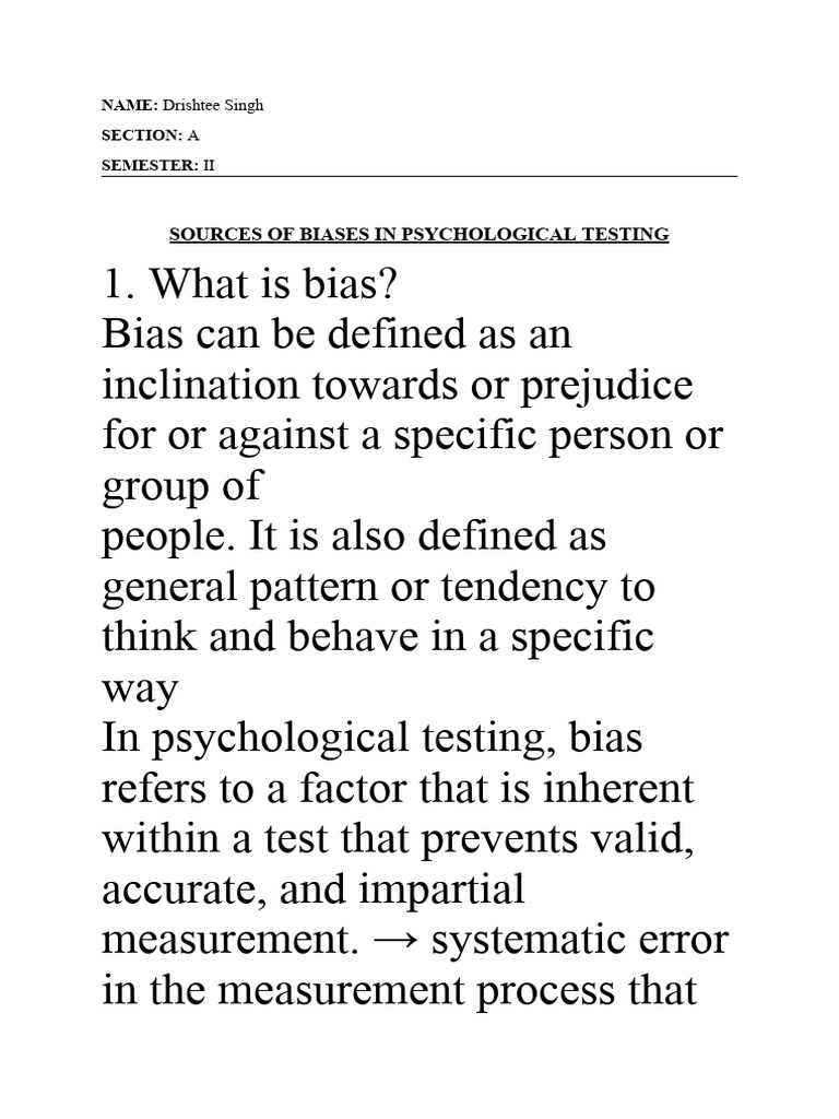 Ia - Sources of Biases in Psychological Testing | PDF | Bias | Validity ...