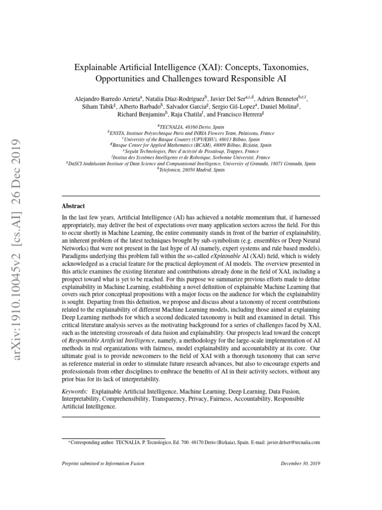 Explainable Artificial Intelligence (XAI) : Concepts, Taxonomies, Opportunities and Challenges ...