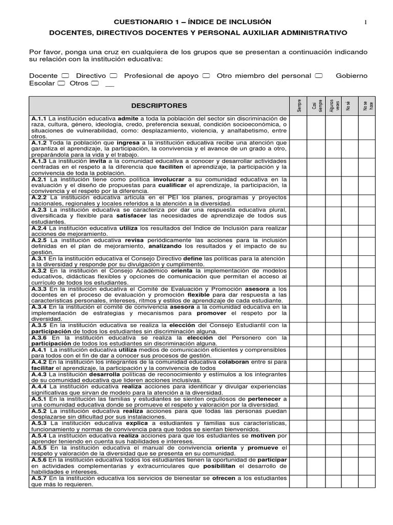 Cuestionario 1 Indice de Inclusion | PDF | Evaluación | Escuelas