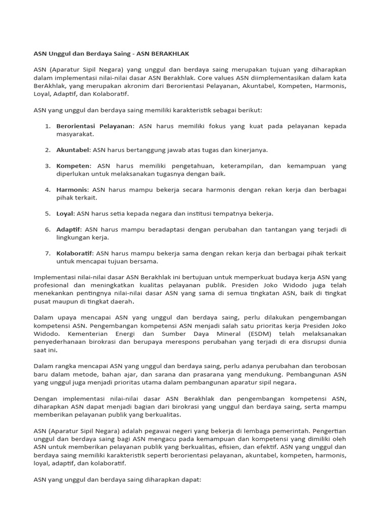 ASN Unggul Dan Berdaya Saing Dalam ASN Berakhlak | PDF