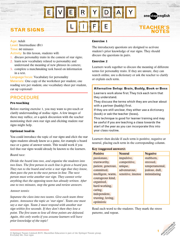 Everyday Life Star Signs Int | PDF | Learning | Vocabulary