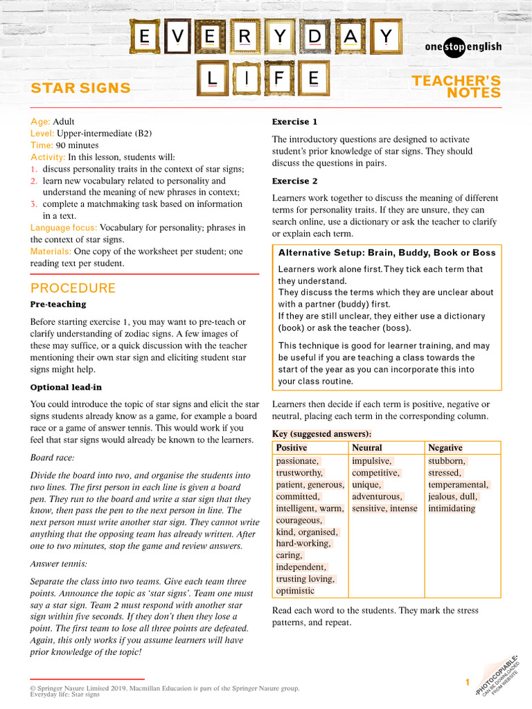 Everyday Life Star Signs Upp | PDF | Learning | Vocabulary
