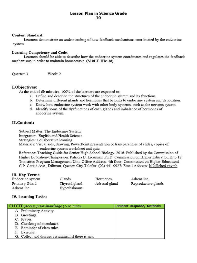 Lessonplan Grade 10 | PDF | Endocrine System | Hormone