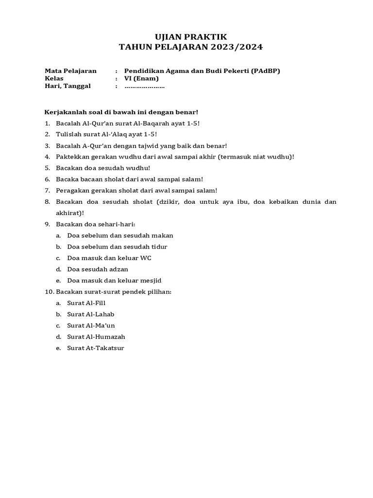 11a. Kisi-Kisi Ujian Praktik PAI 2023-2024 | PDF