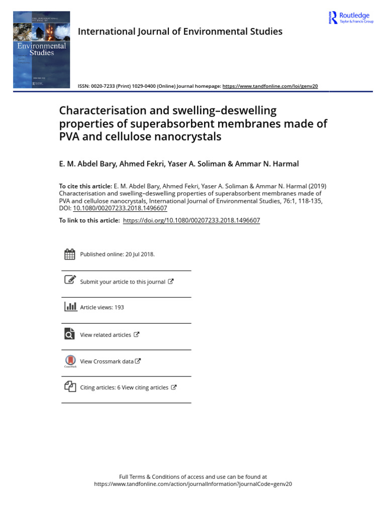 Characterisation and Swelling Deswelling Properties of Superabsorbent Membranes Made of PVA and ...