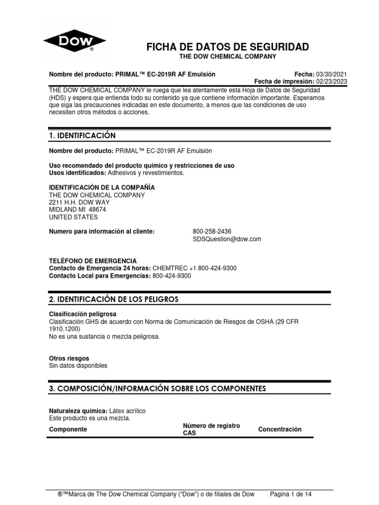 PRIMAL EC-2019 R AF Emulsion Polymer-Safety Data Sheet-ES | PDF | Pintura acrilica
