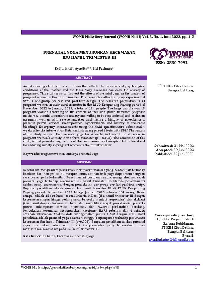 Prenatal Yoga Menurunkan Kecemasan Ibu Hamil Trimester Iii: Eci Julianti, Ayudita, Siti Patimah ...
