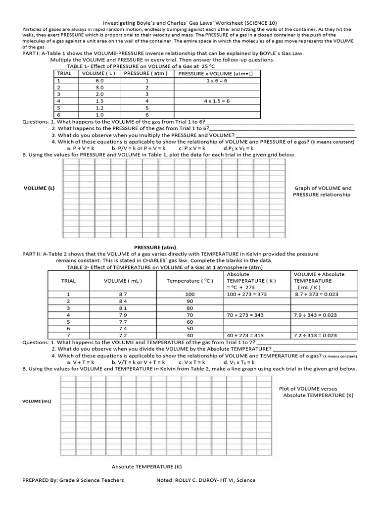 Boyle's & Charles' Gas Laws Worksheet | PDF | Gases | Pressure
