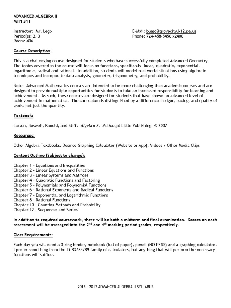 2016 - 2017 Advanced Algebra II Syllabus | PDF | Algebra | Equations