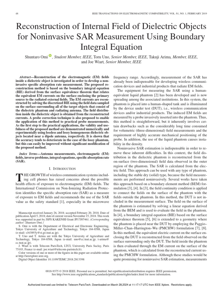 Reconstruction Of Internal Field Of Dielectric Objects For Noninvasive Sar Measurement Using