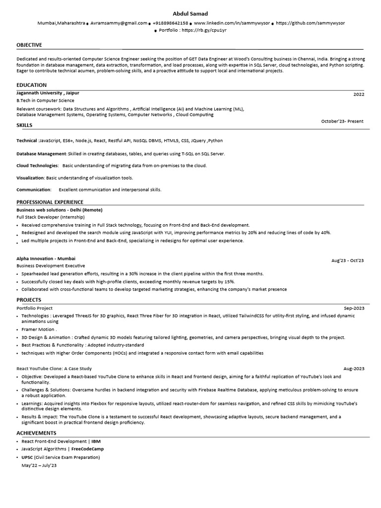 Computer Science Engineer Resume | PDF | Databases | Cloud Computing
