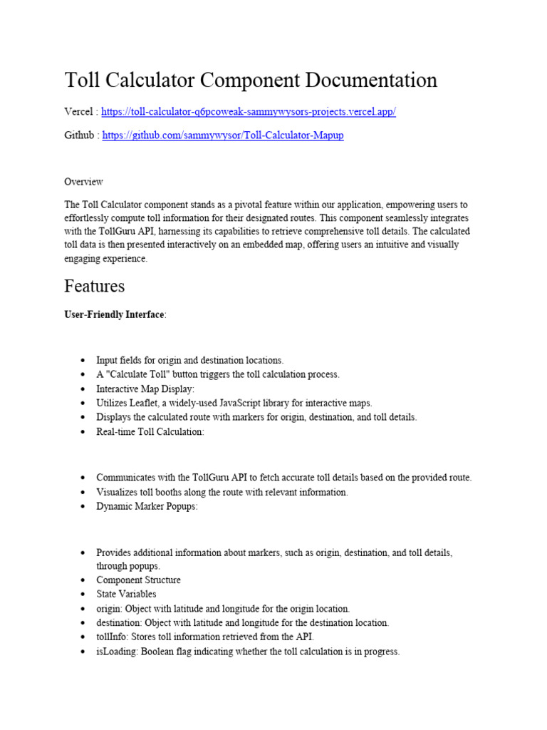 Toll Calculator Component Documentation | PDF | Software Development | Computer Engineering