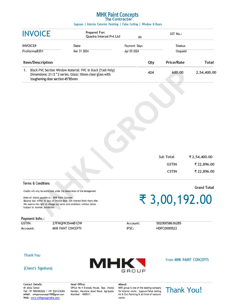 Proforma For Quadra Intersol PVT Ltd. | PDF