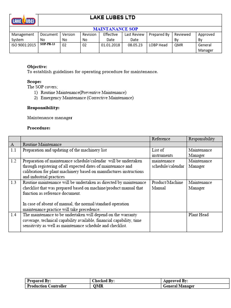 SOP-PR-13 - Maintance SOP | PDF | Iso 9000