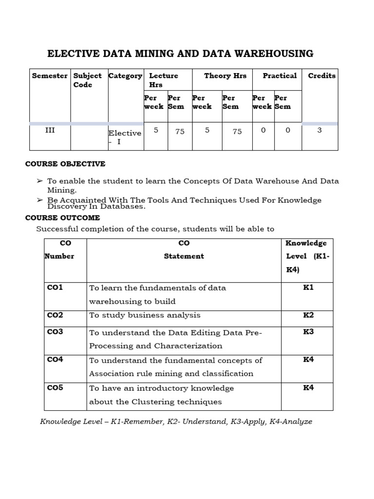 Elective Data Mining and Data Warehousing | PDF | Cluster Analysis | Data Warehouse