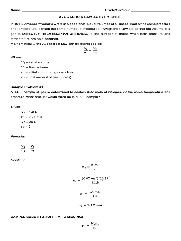 Avogadro's Law Practice Problems Worksheet | PDF | Gases | Mole (Unit)