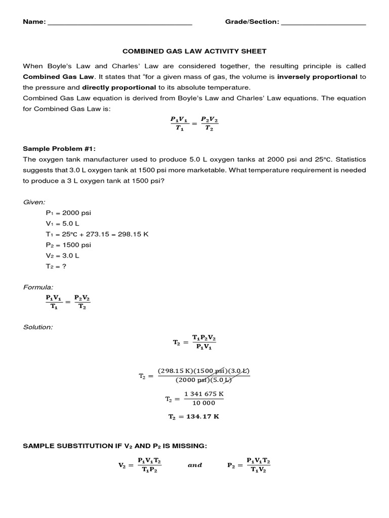 Combined Gas Law Activity Sheet | PDF | Gases | Pressure