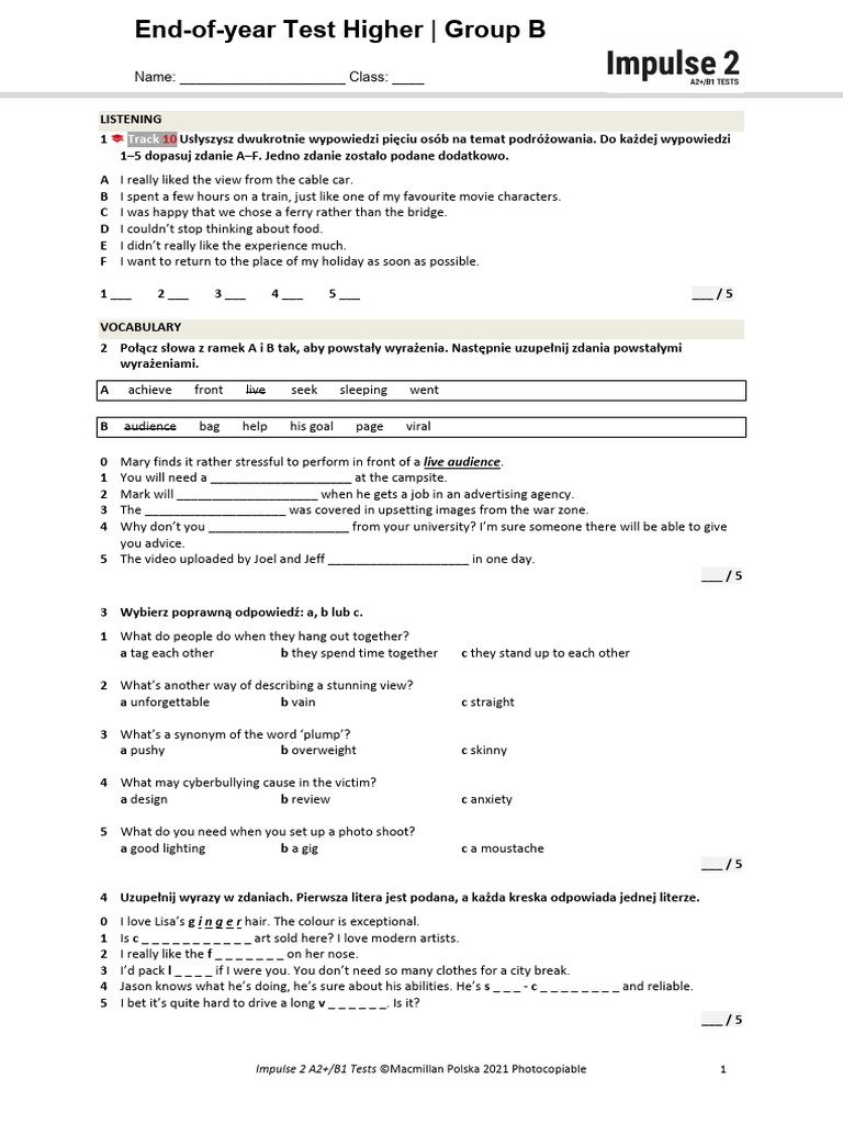 End-Of-Year Test Higher B | PDF