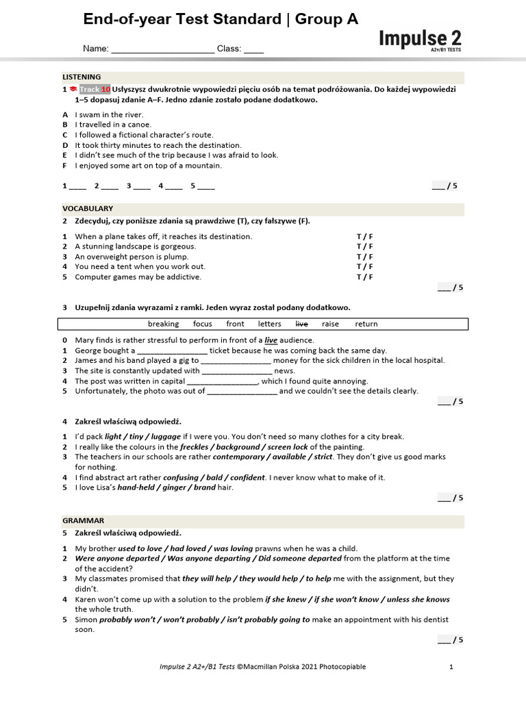 English Test for A2+/B1 Students | PDF