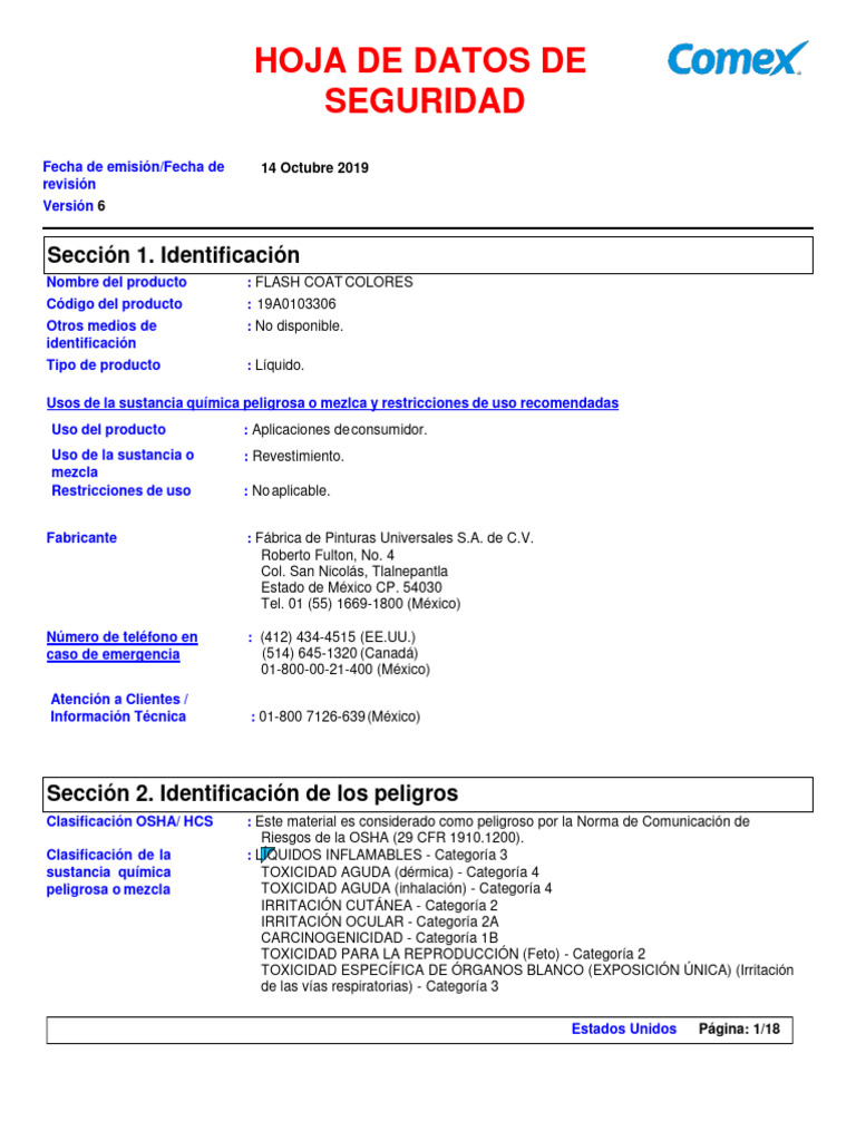 Hoja De Seguridad Flash Coat Colores Pdf