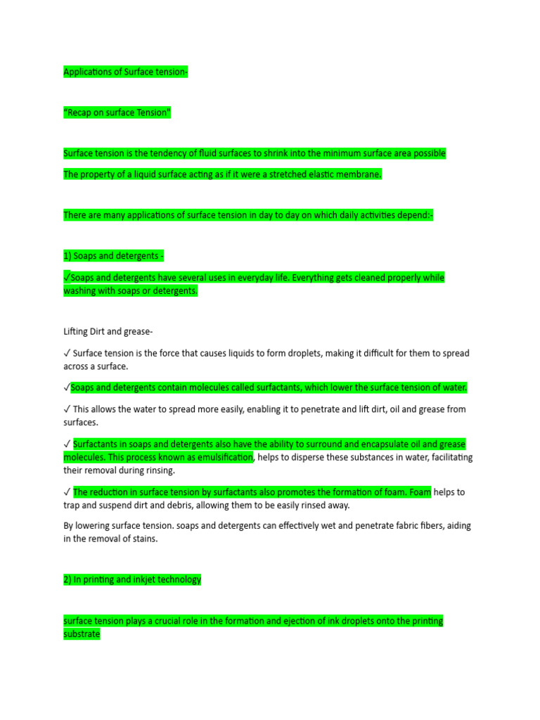 Applications of Surface tension 1 | PDF | Surfactant | Surface Tension