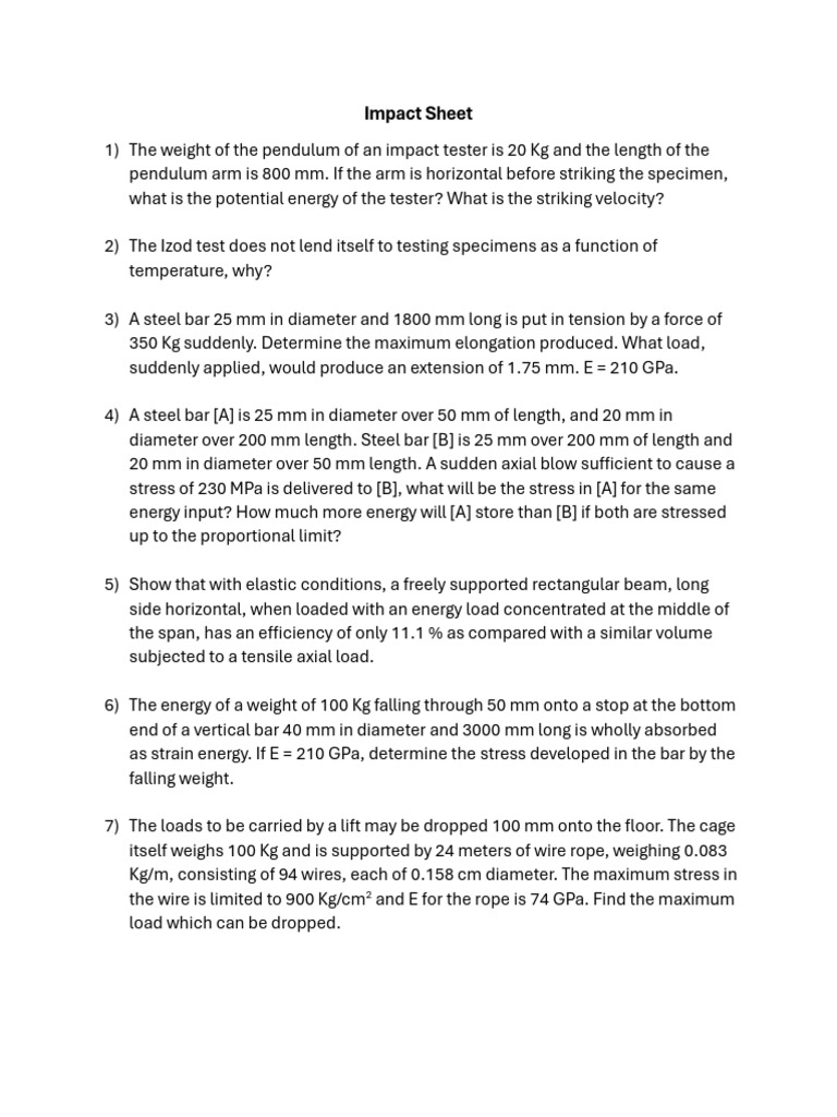 Impact Sheet | PDF | Stress (Mechanics) | Continuum Mechanics