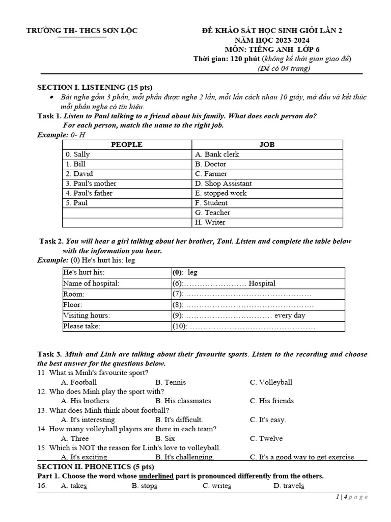 15.ĐỀ THI HSG ANH 6 HUYEN BT 2022-2023 | PDF