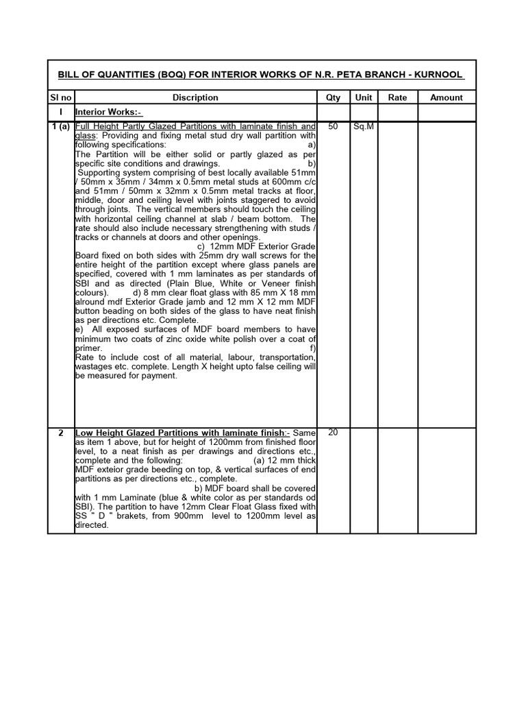 BOQ for Interior Works at Kurnool Branch | PDF | Door | Glasses