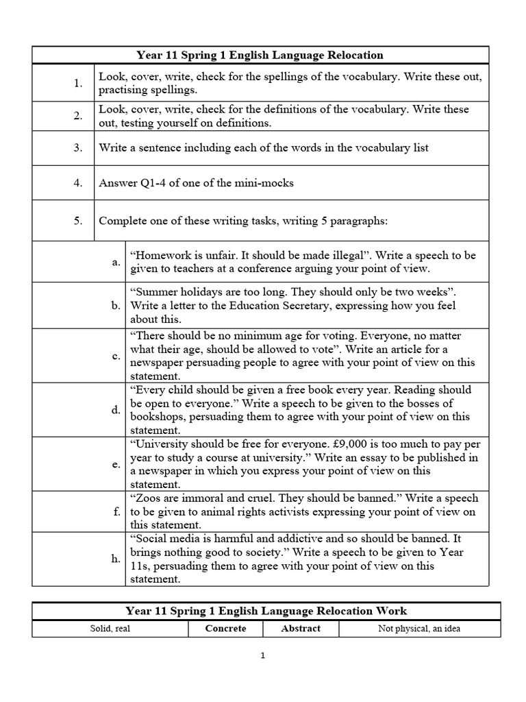 Year 11 English Language Spring Tasks | PDF | Vocabulary | Cats
