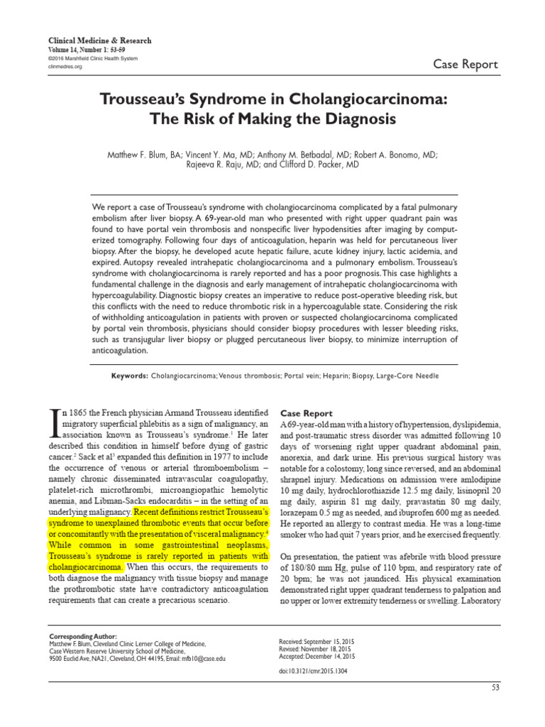Trousseau's Syndrome in Cholangiocarcinoma | PDF | Thrombosis ...