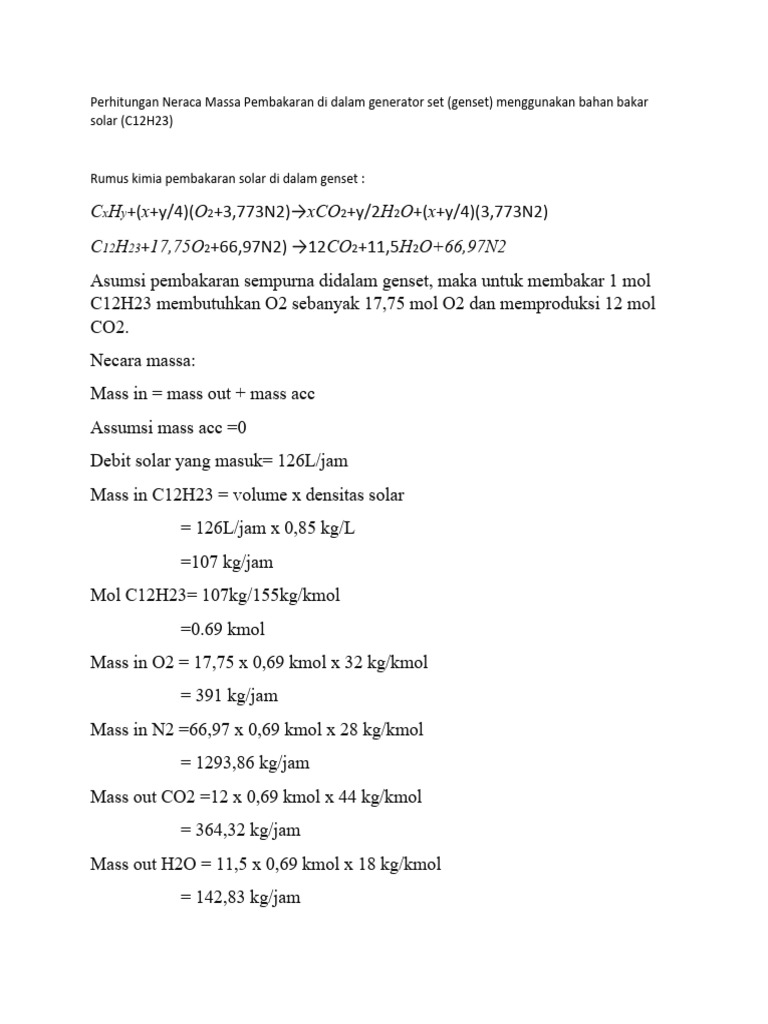 Neraca Massa Pembakaran Genset | PDF