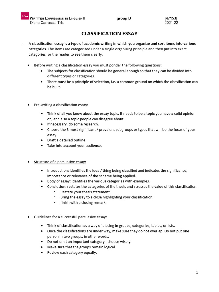 Classification Essay Guide | PDF | Essays | Human Communication