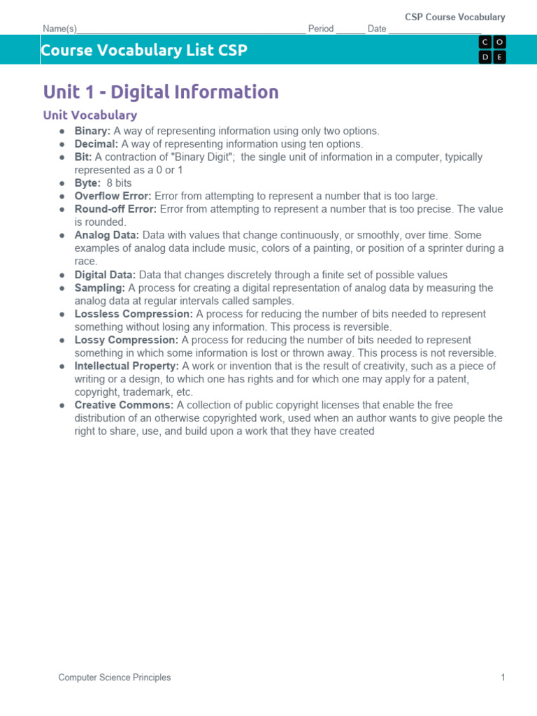 _CSP Course Vocabulary | PDF | Computer Network | Programming